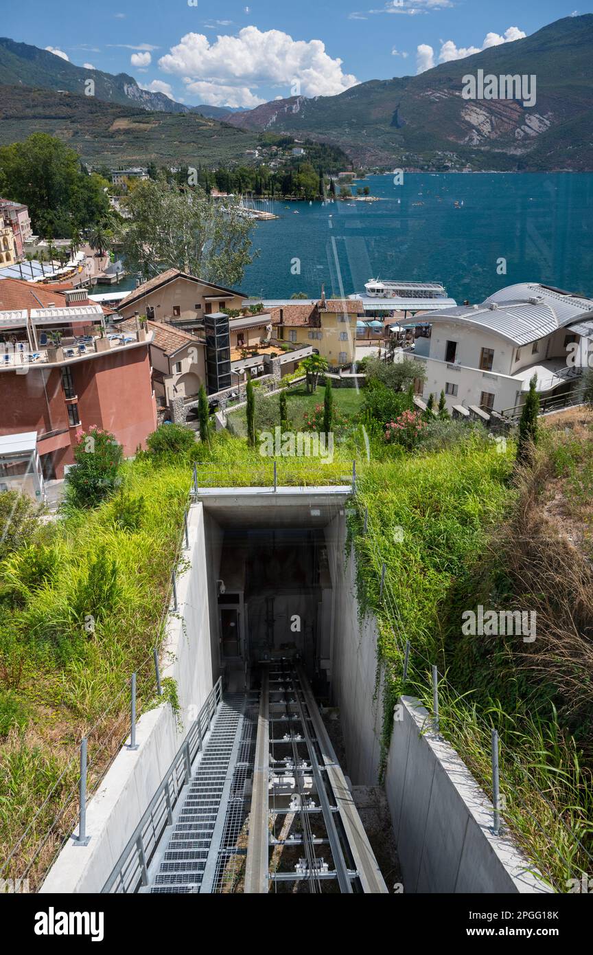 The track of the Bastione Scenic lift from Riva town on the shore of ...