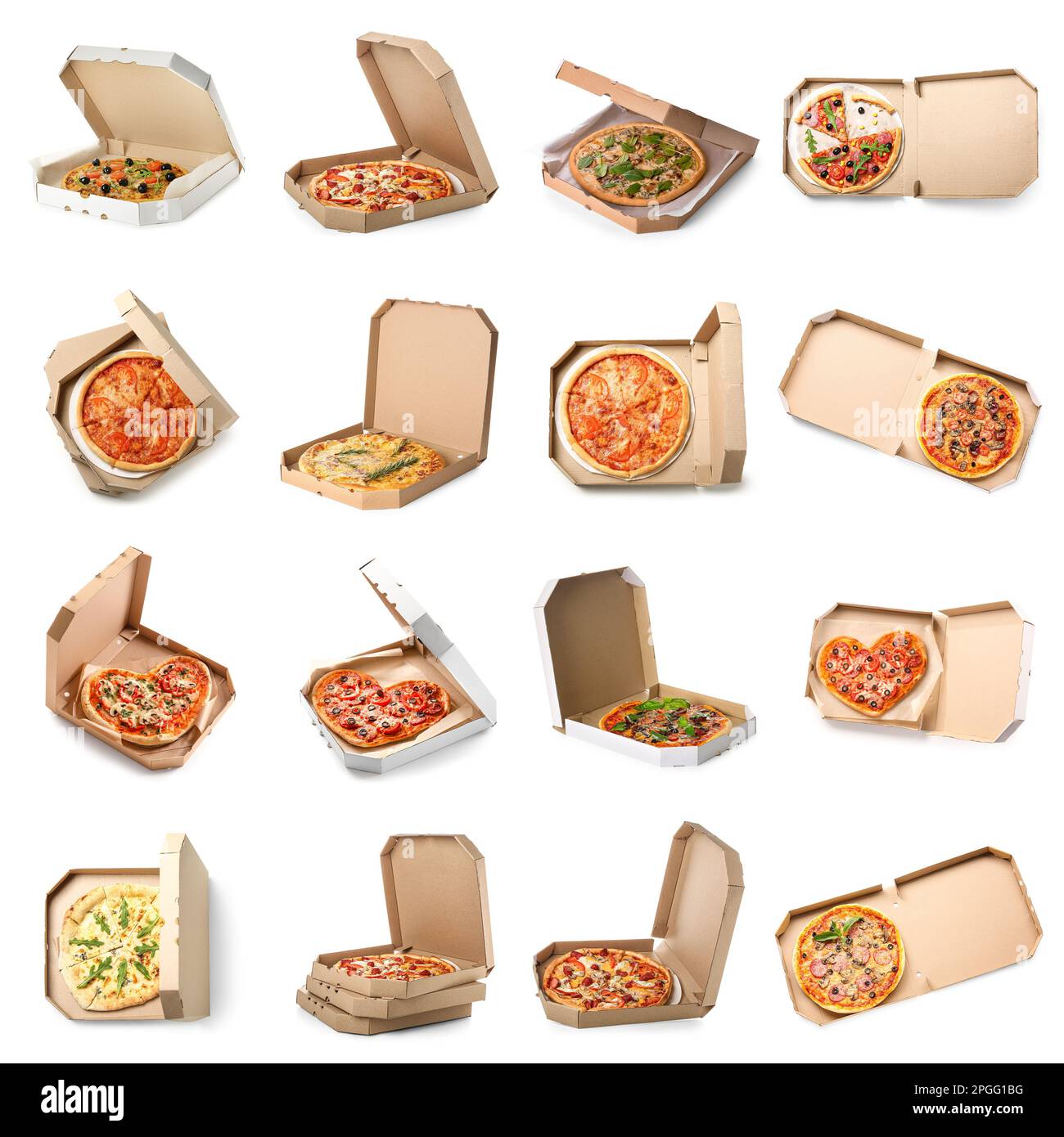 Set of many boxes with tasty pizzas on white background Stock Photo - Alamy
