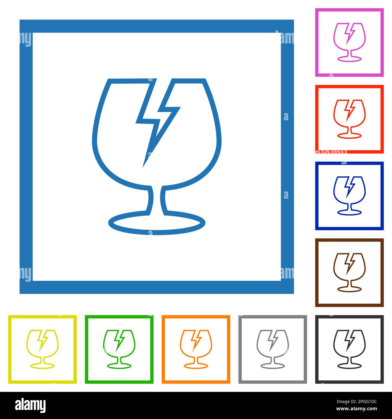 Fragile symbol outline flat color icons in square frames on white ...