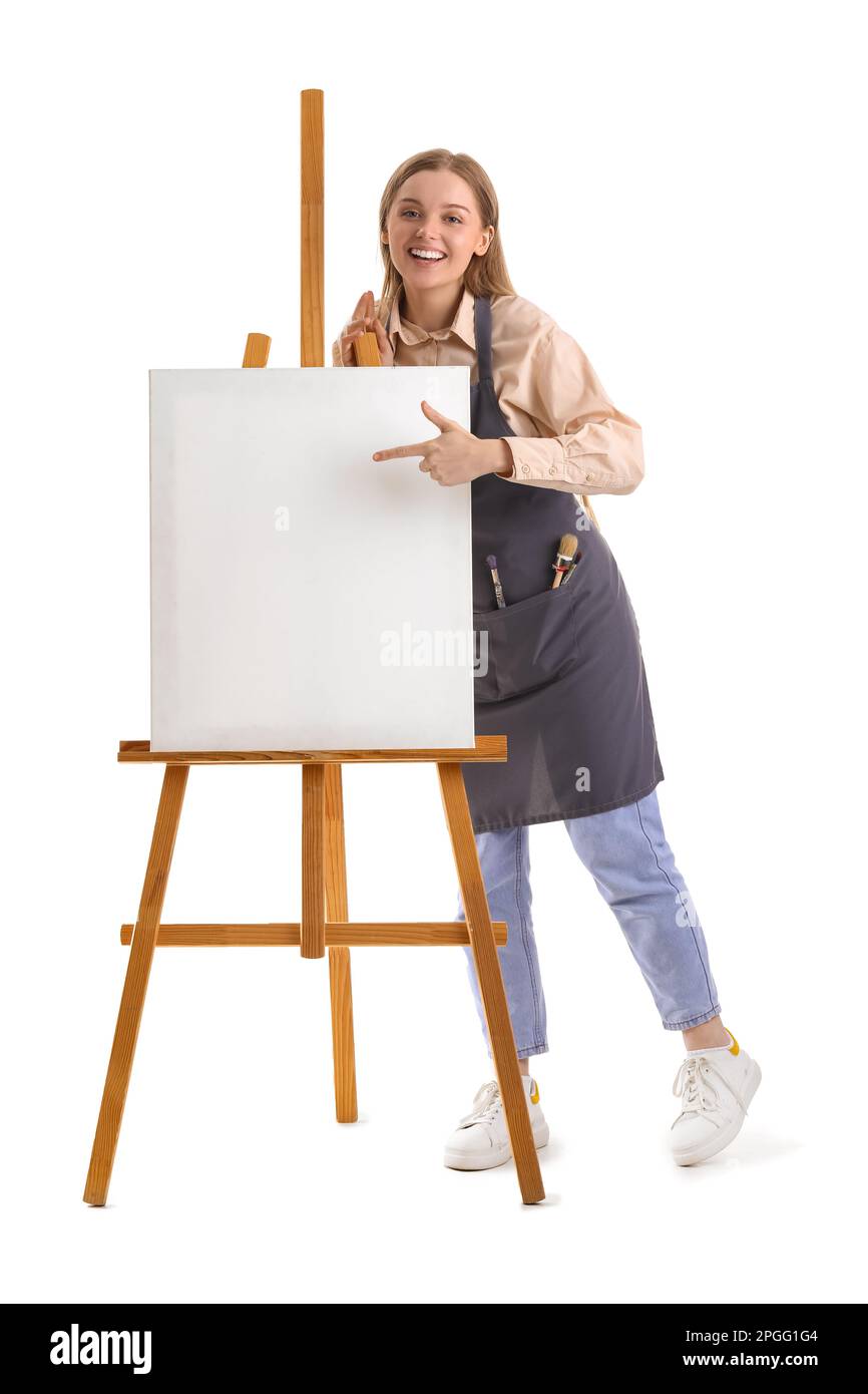 Drawing teacher pointing at easel on white background Stock Photo - Alamy