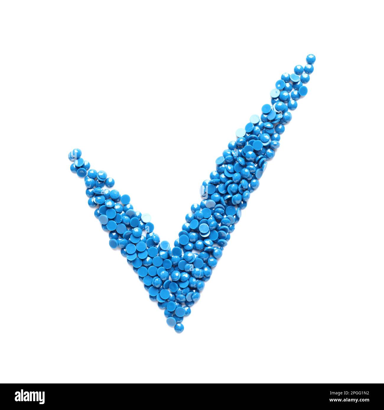 Check mark made of blue beads on white background Stock Photo - Alamy