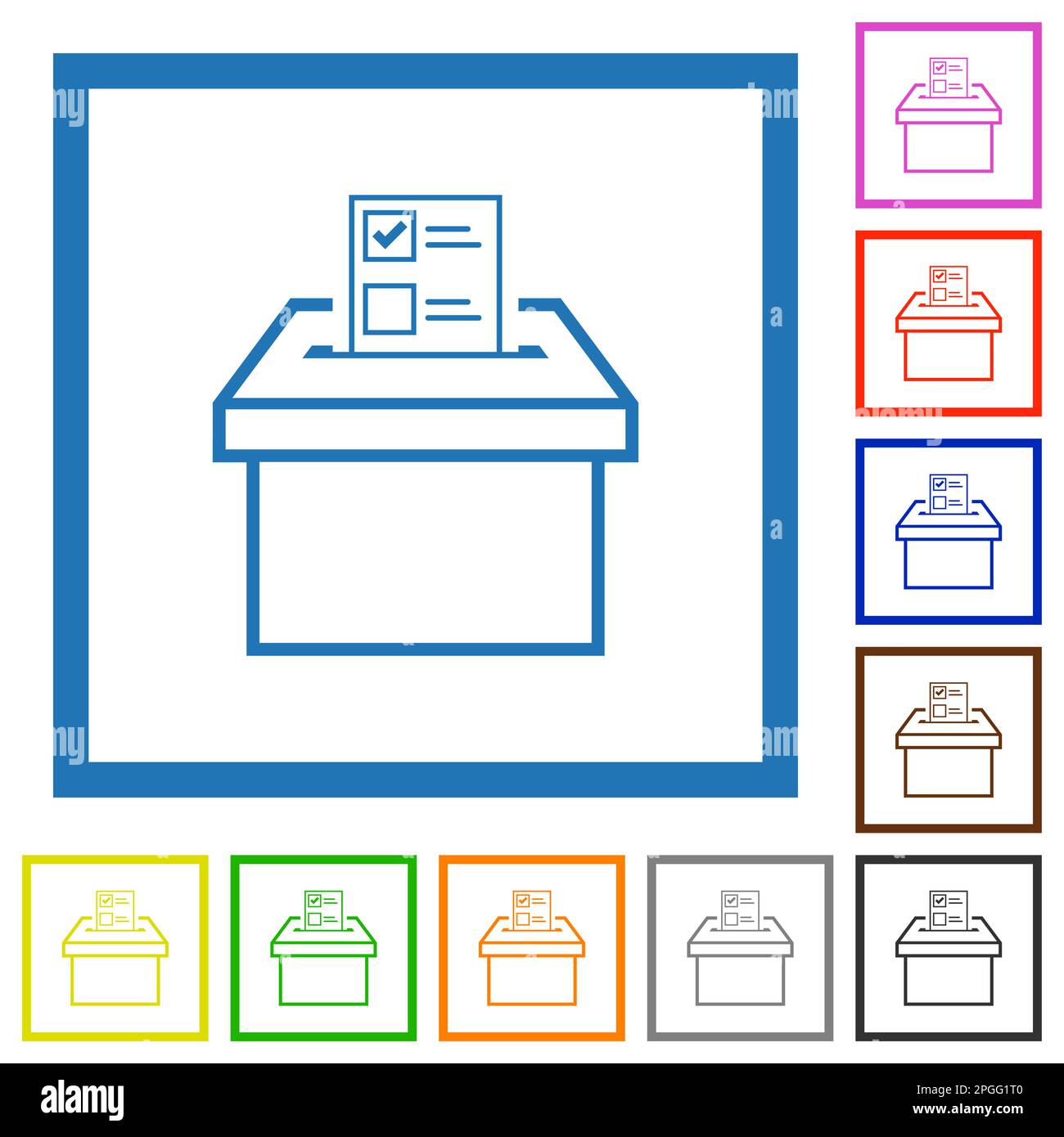 Voting paper and ballot box outline flat color icons in square frames ...