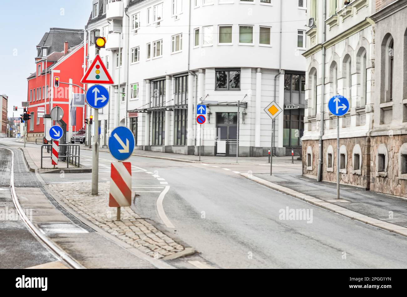 View of city street with road signs Stock Photo - Alamy