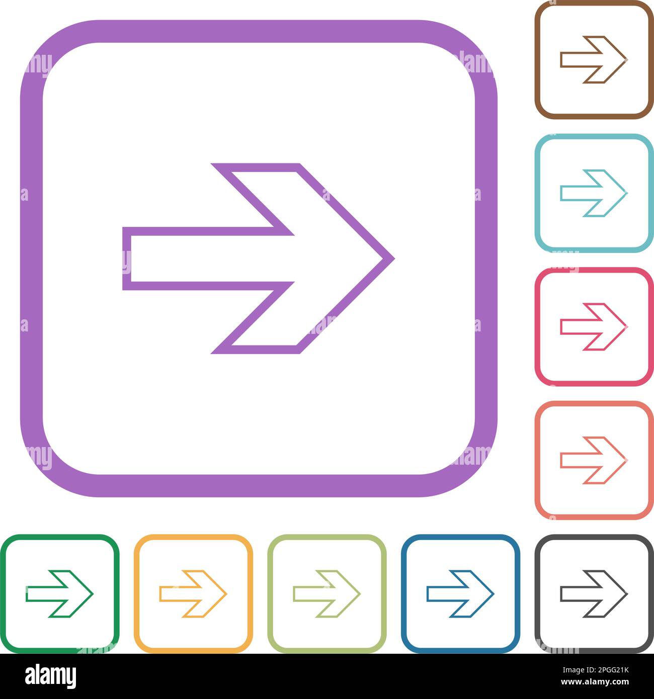 Right arrow outline simple icons in color rounded square frames on ...