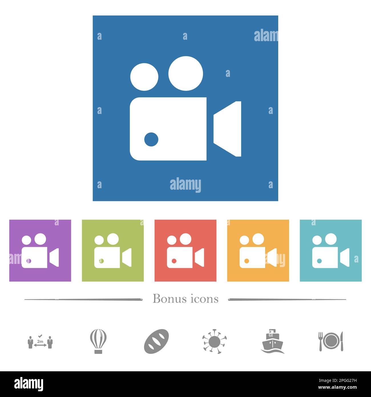 Movie projector solid flat white icons in square backgrounds. 6 bonus ...