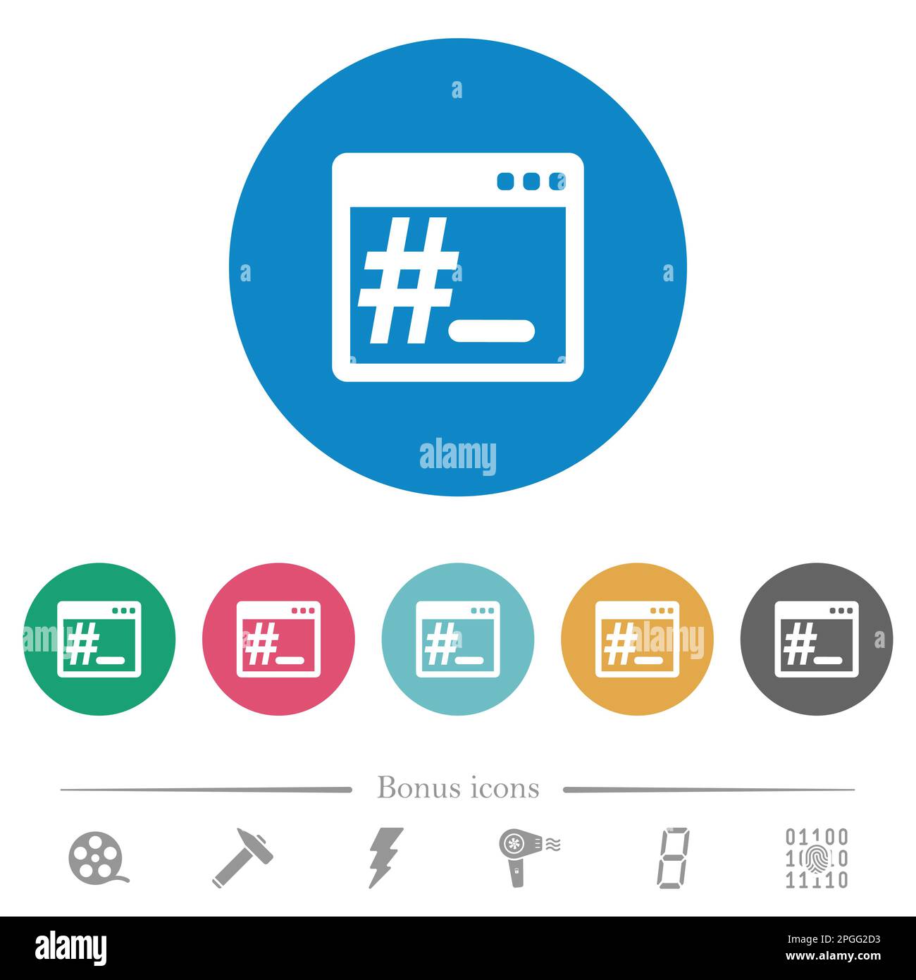 Root terminal flat white icons on round color backgrounds. 6 bonus ...
