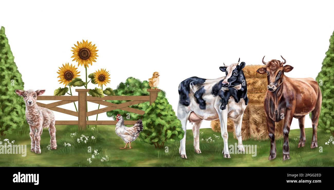 Seamless banner with rural landscape and farm animals. For packaging ...