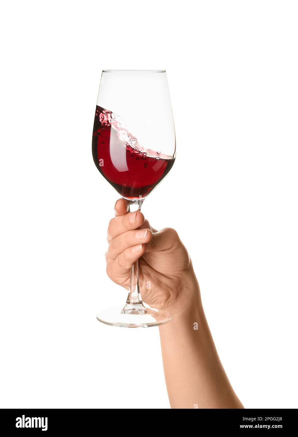 Female hand holding glass of red wine isolated on white background ...