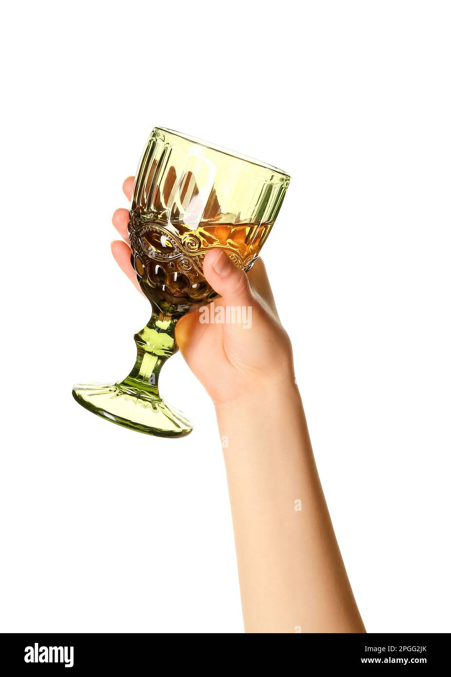 Female hand holding glass of wine isolated on white background Stock ...