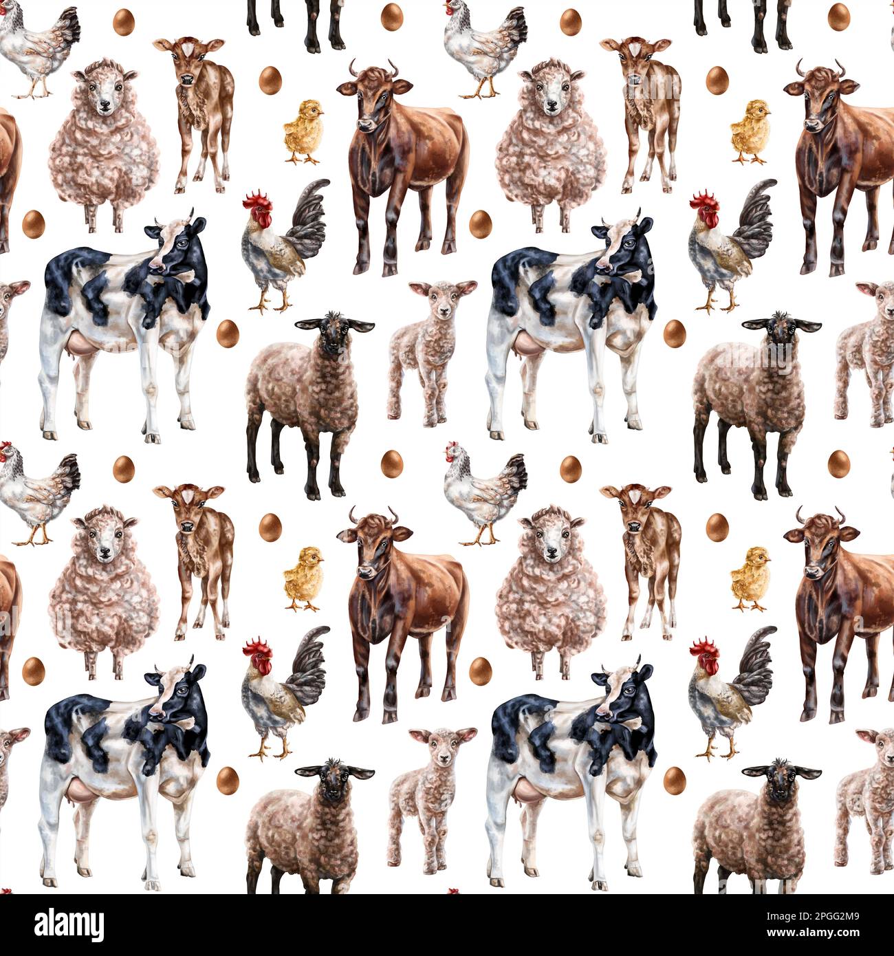 Seamless hand-drawn drawing with farm animals: cows, chickens and sheep ...