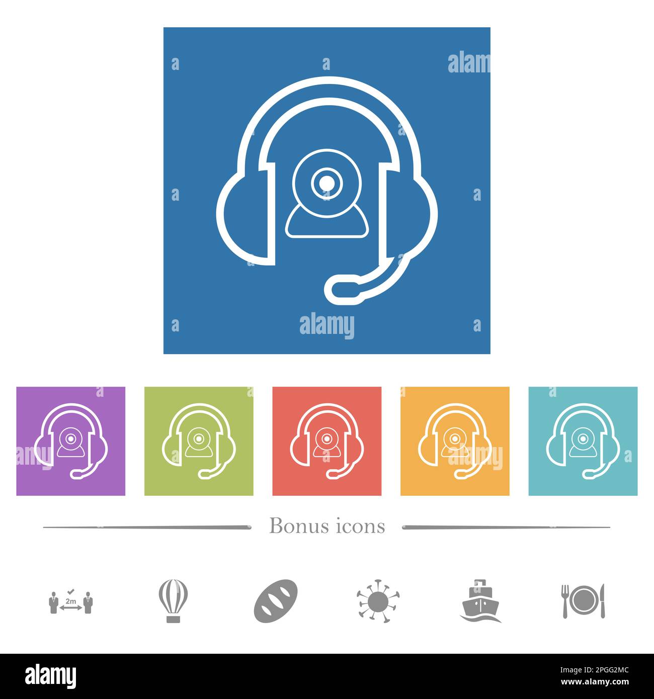 Video assistance outline flat white icons in square backgrounds. 6 ...