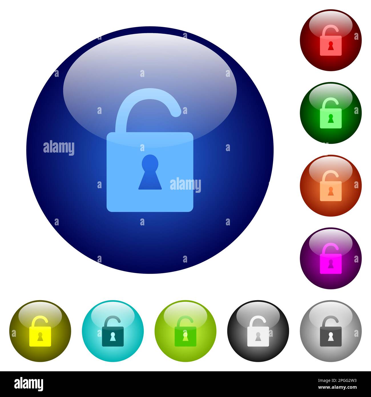 Unlocked padlock with keyhole icons on round glass buttons in multiple colors. Arranged layer ...