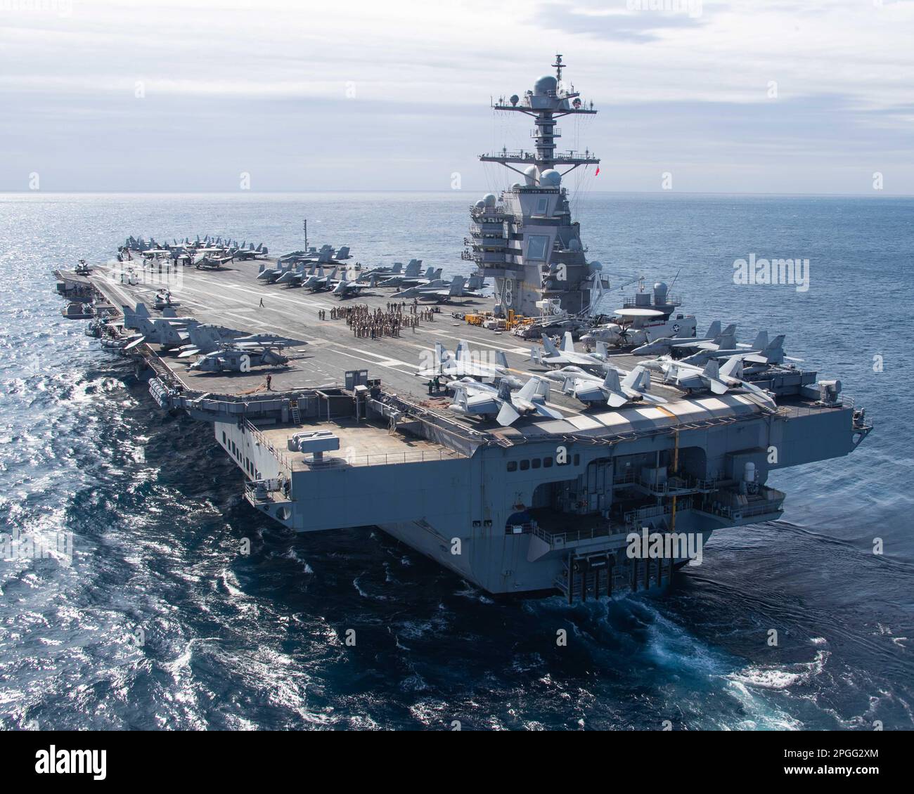 The first-in-class aircraft carrier USS Gerald R. Ford (CVN 78) transits the Atlantic Ocean ...