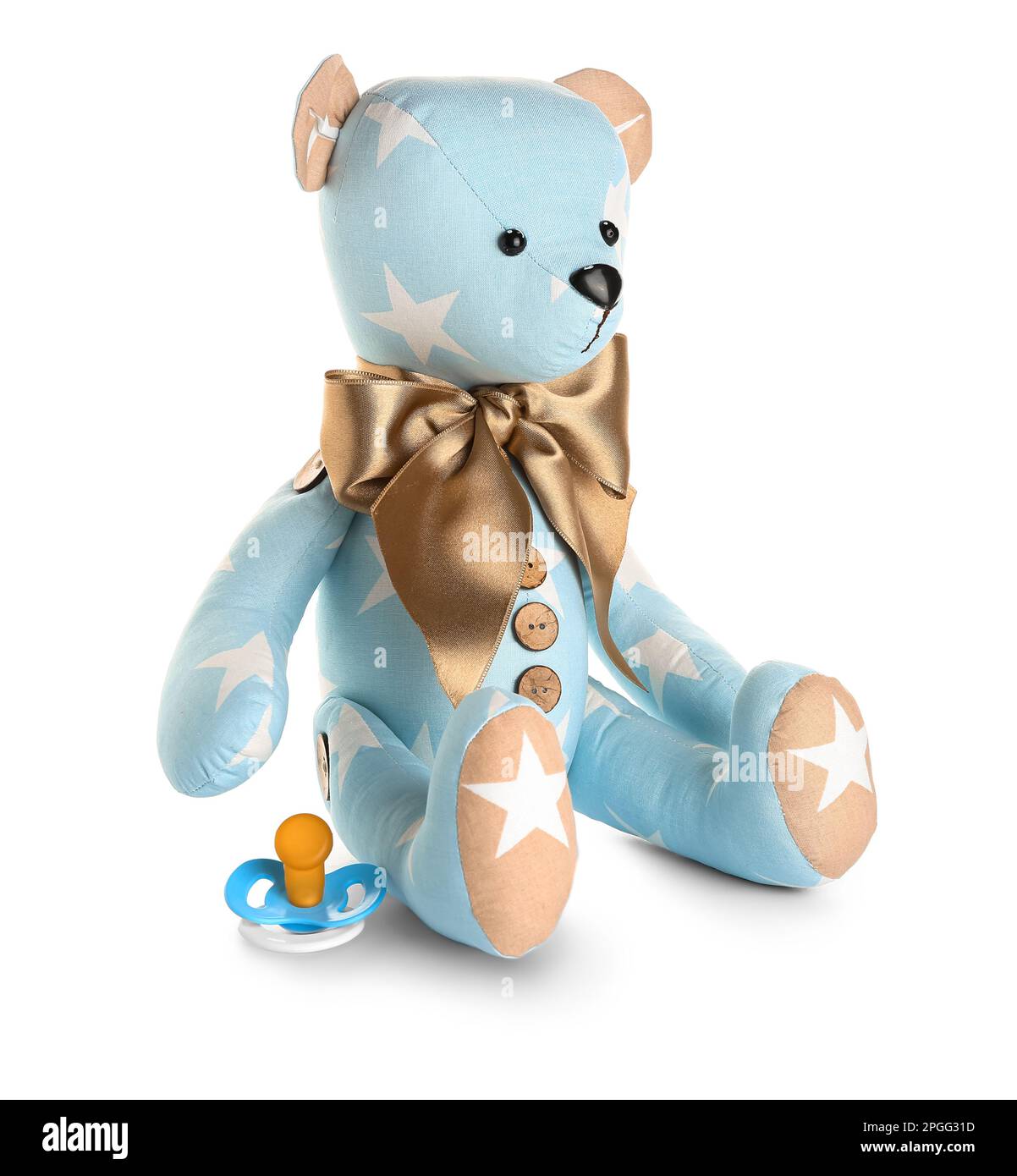 Toy bear with baby pacifier on white background Stock Photo - Alamy
