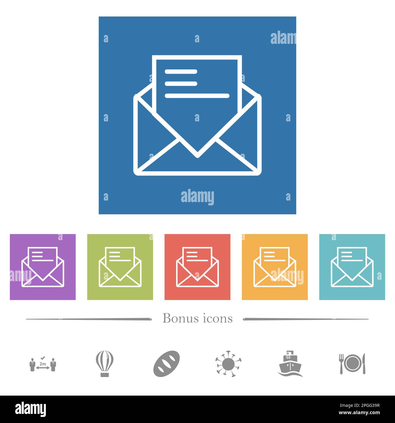 Open mail with letter outline flat white icons in square backgrounds. 6 ...