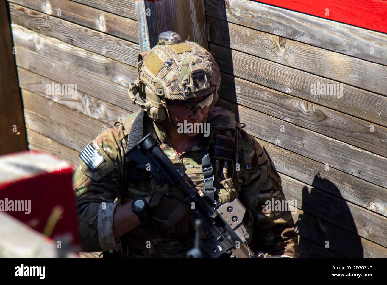 A U.S. Army soldier with Bravo Company, 75th Ranger Regiment, clears a ...