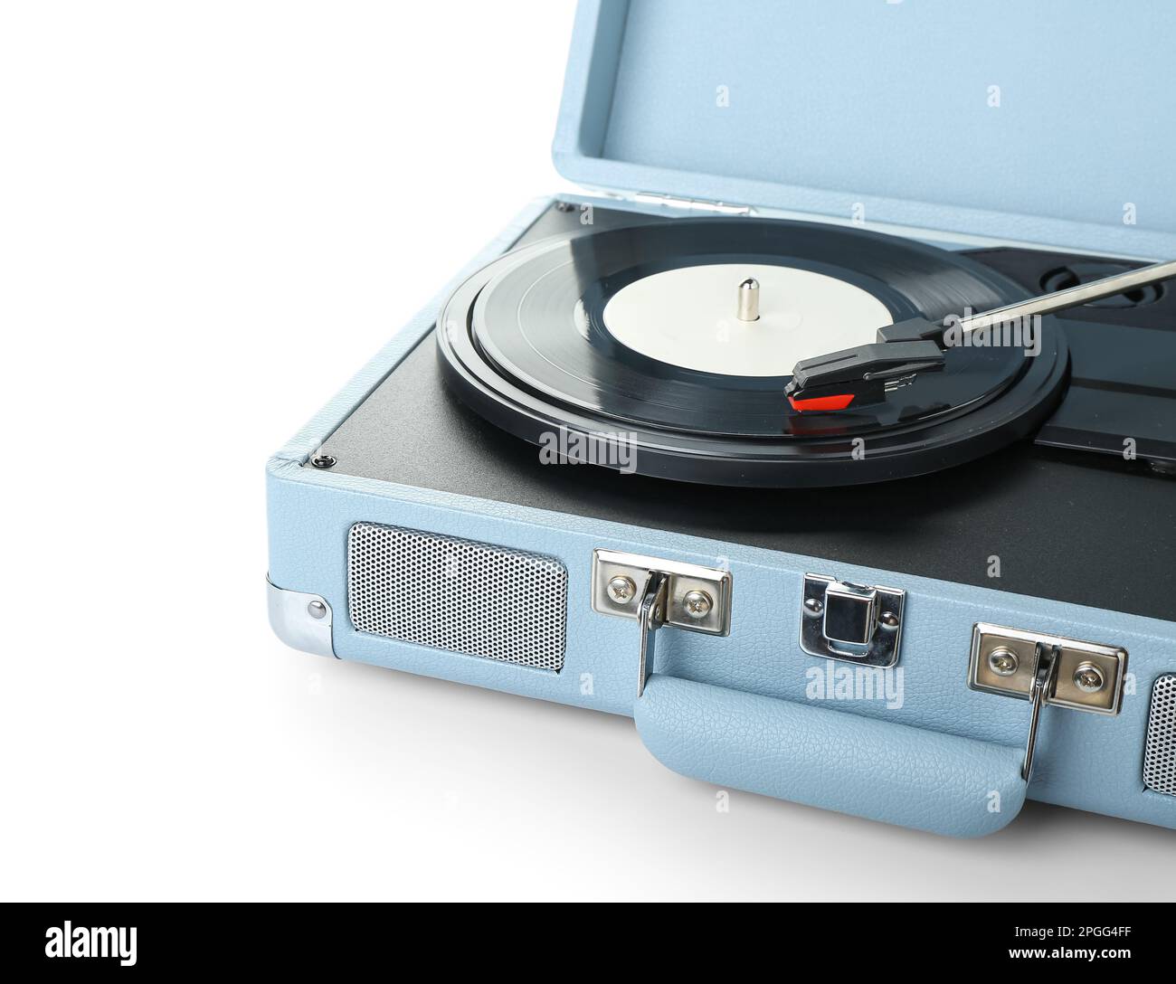 Record player with vinyl disk on white background, closeup Stock Photo ...