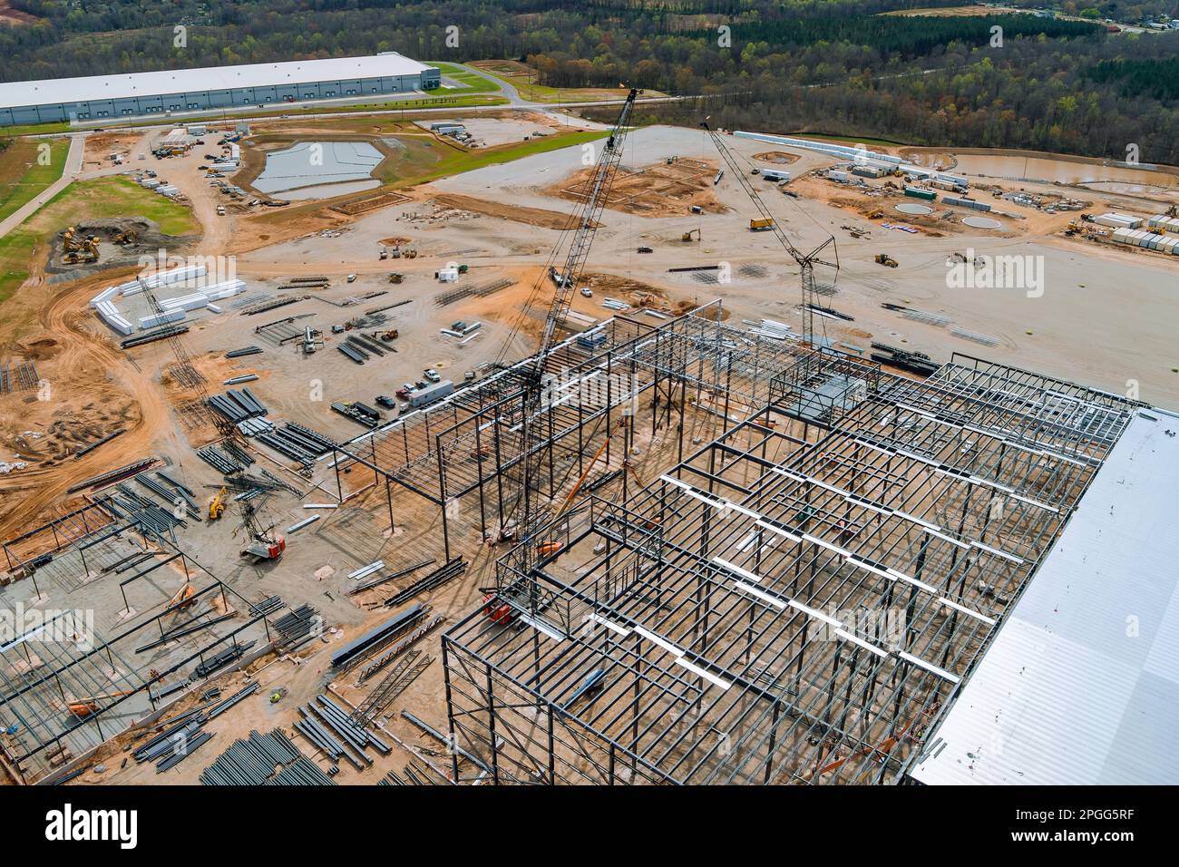 Construction of metal steel framing beams for an industrial building ...