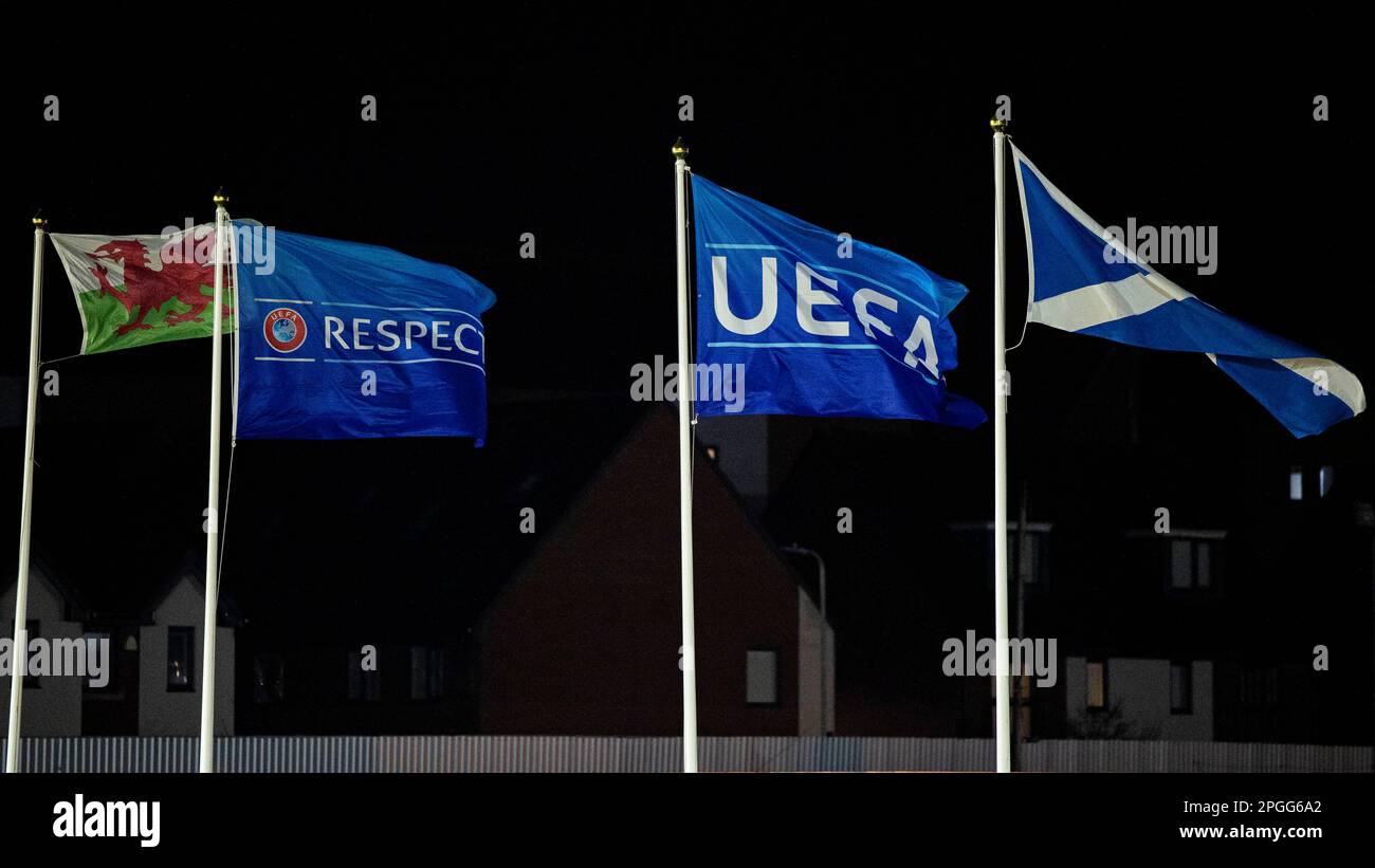 Newport, UK. 22nd Mar, 2023. UEFA flags during the second half ...