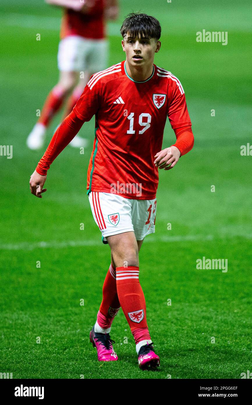 Newport, UK. 22nd Mar, 2023. Joe Hatch of Wales in action. Scotland v Wales in the UEFA u17 ...