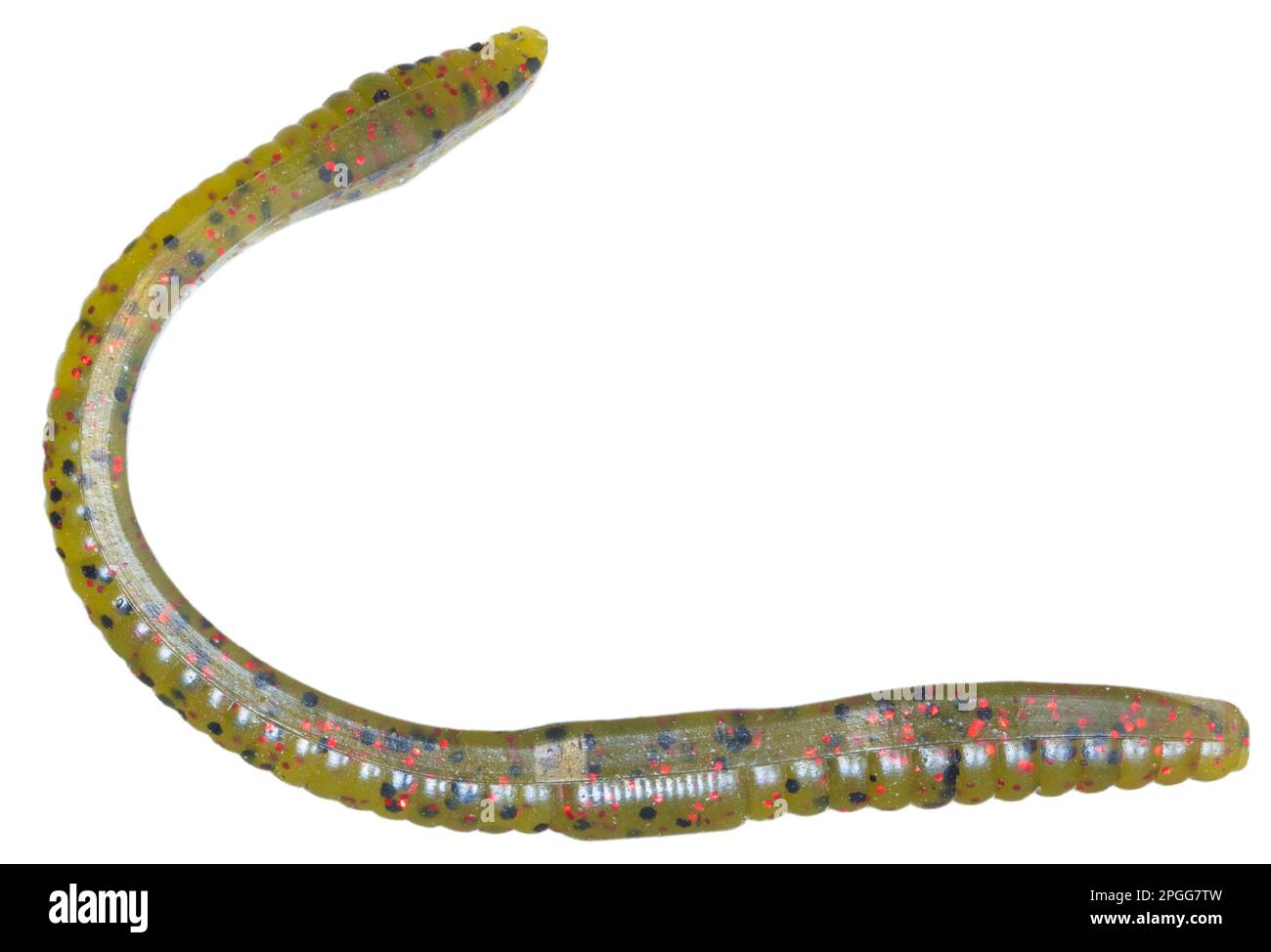 Yellow rubber artificial fishing worm with black and red flakes inside ...