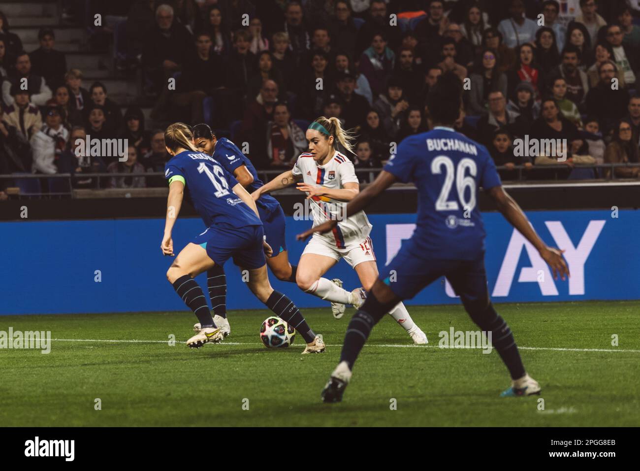 Lyon, France. 22nd Mar, 2023. Ellie Carpenter (12) from Lyon goes ...