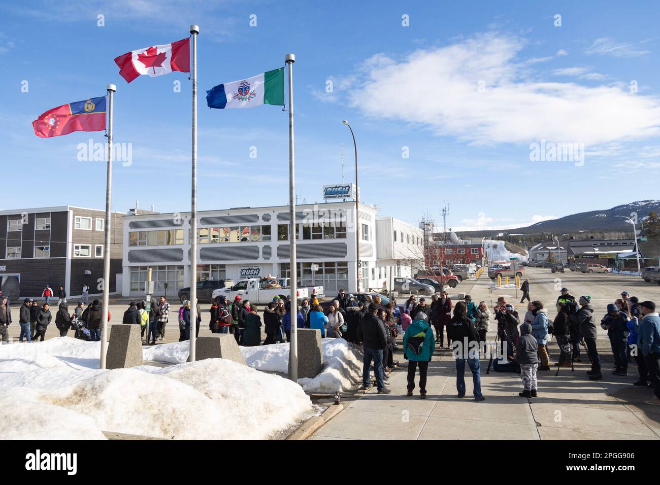 Whitehorse, Canada. 22nd Mar, 2023. People gather in front of the RCMP ...