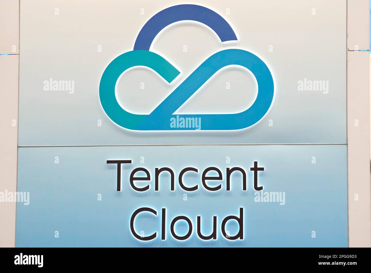 A Tencent Cloud logo is shown at the company's booth at the Game ...