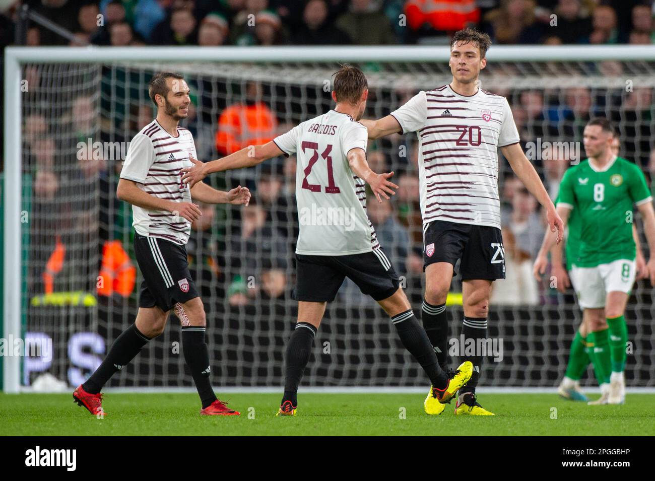Dublin, Ireland. 22nd Mar, 2023. Roberts Uldrikis of Latvia celebrates ...