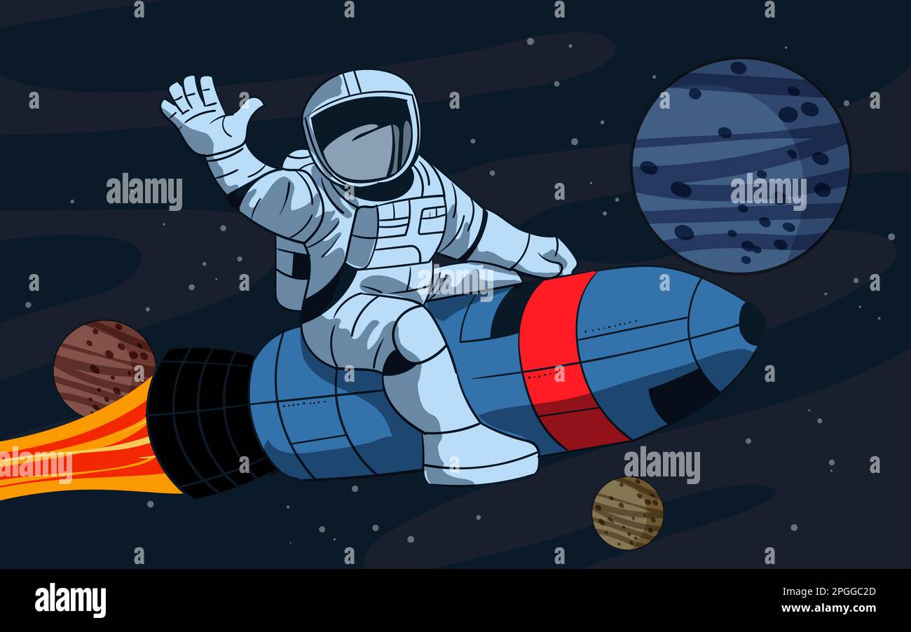 Vector cartoon illustration of cute astronaut on a spacecraft Stock ...