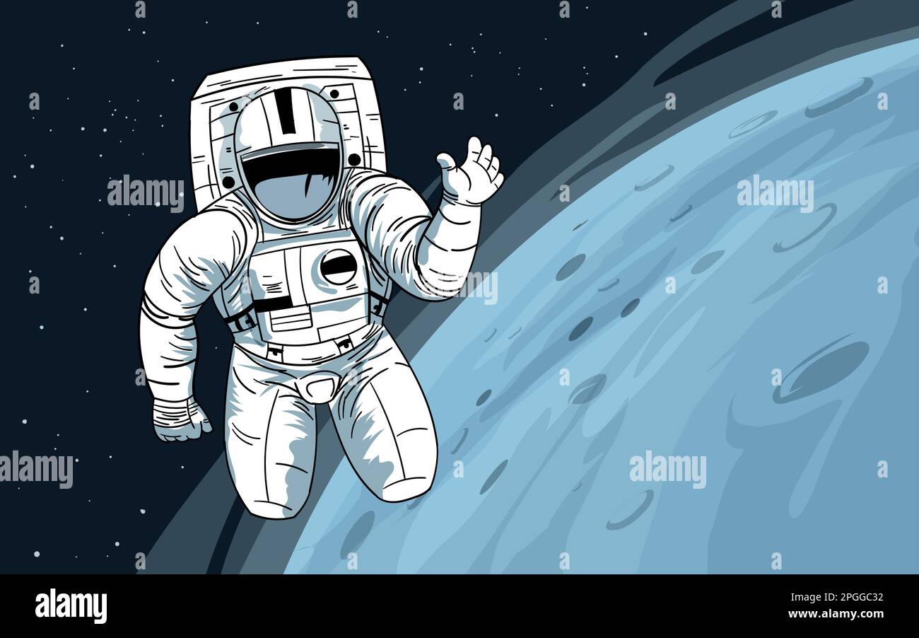 Vector illustration of astronaut hovering in space with moon Stock ...