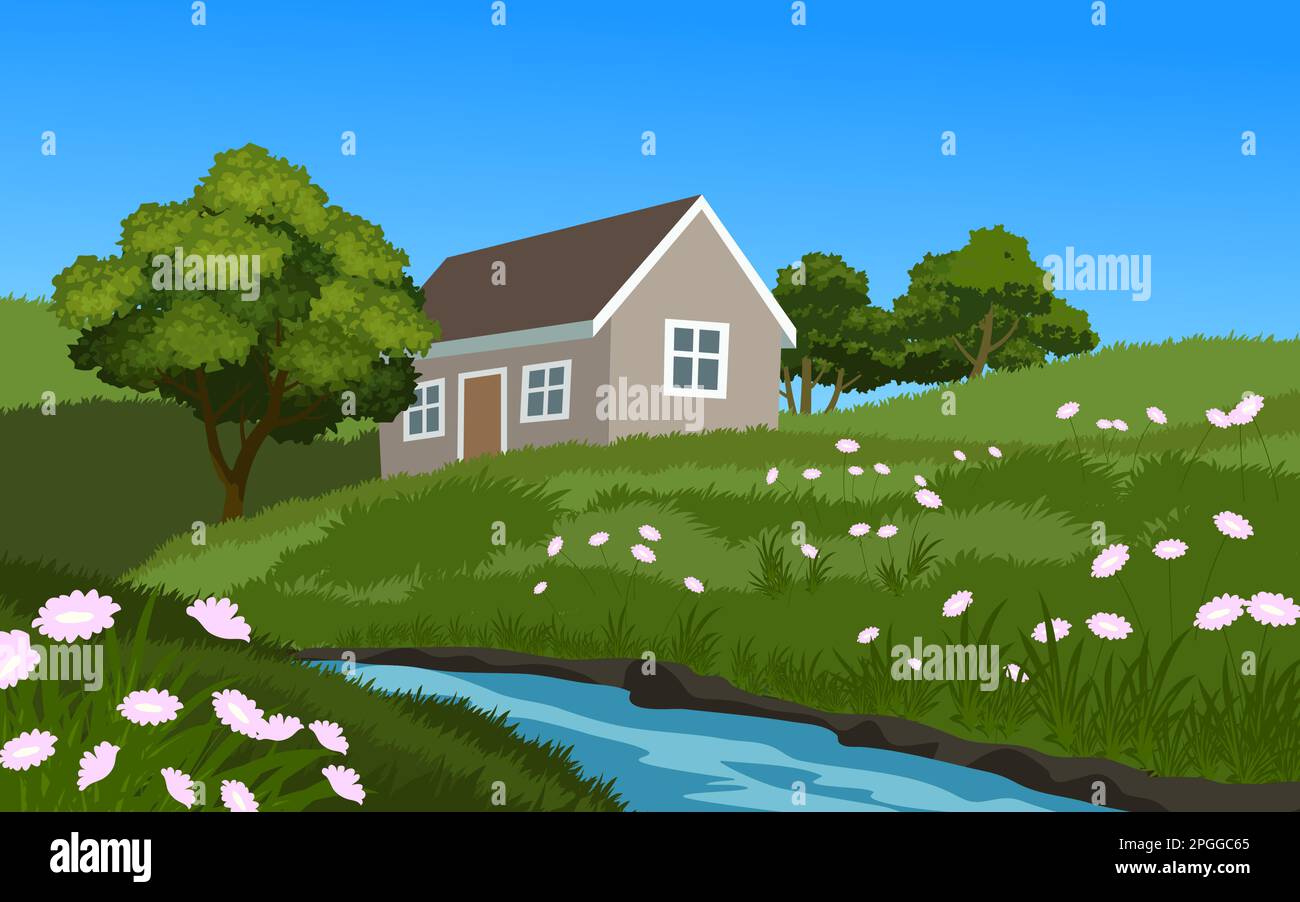 Vector cartoon countryside landscape with a house and river Stock ...