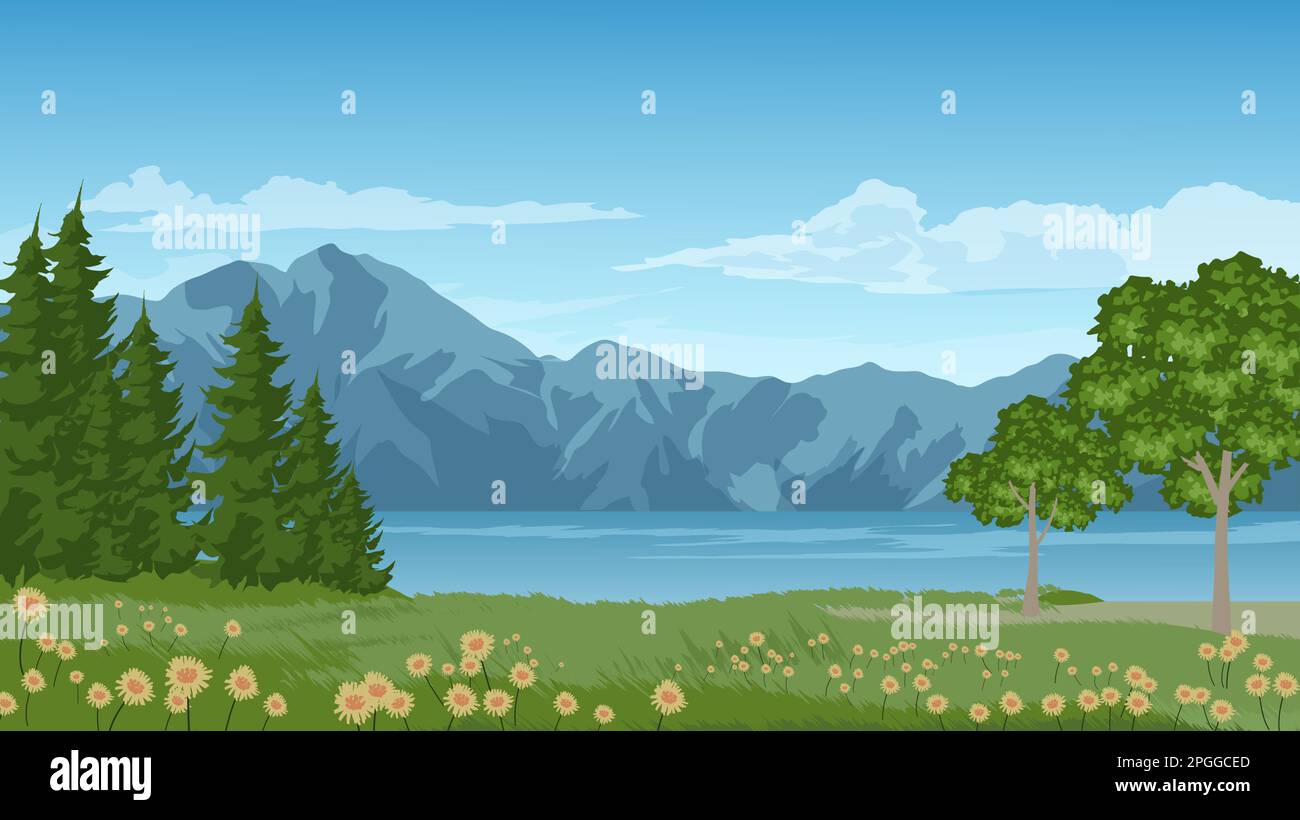 Vector nature landscape with lake and mountain Stock Vector Image & Art - Alamy