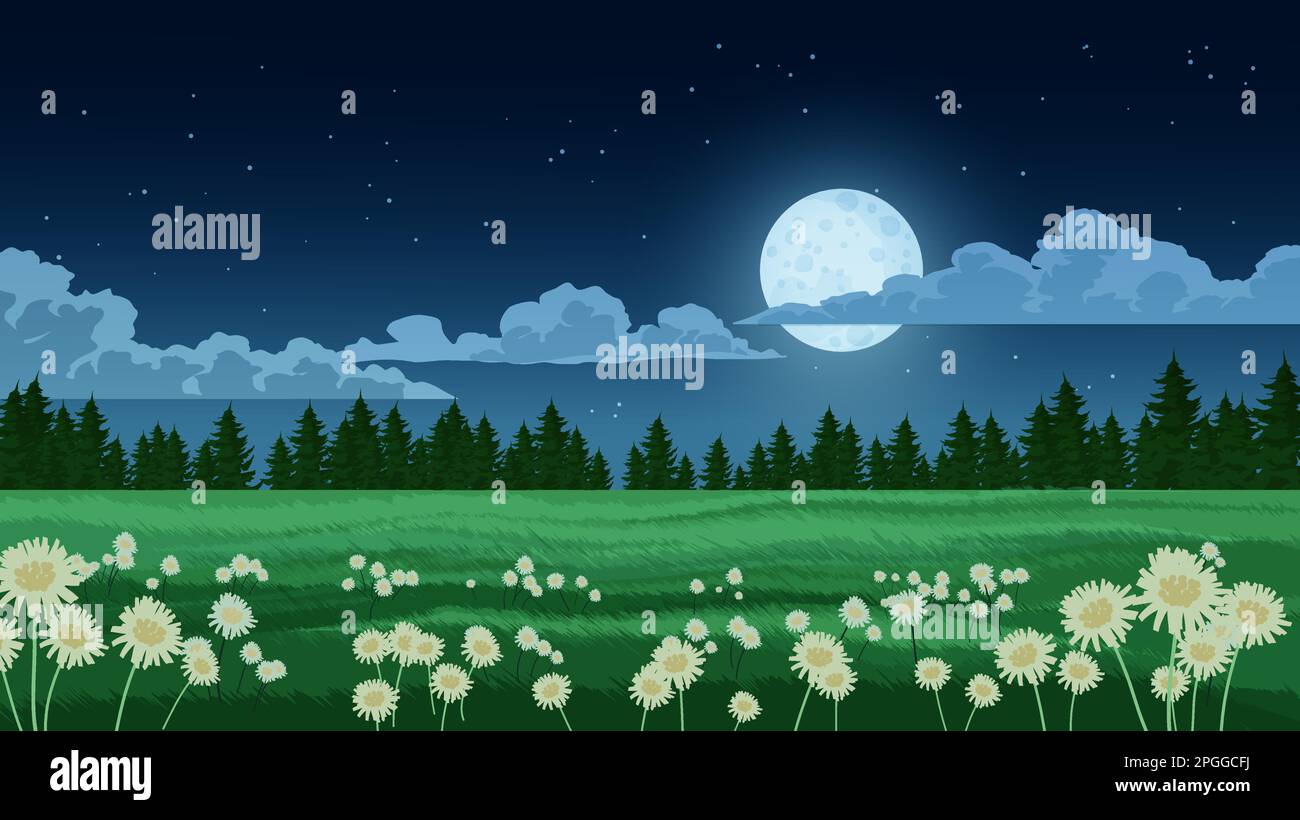 Rural night landscape with flowers and full moon. Vector nature scenery ...