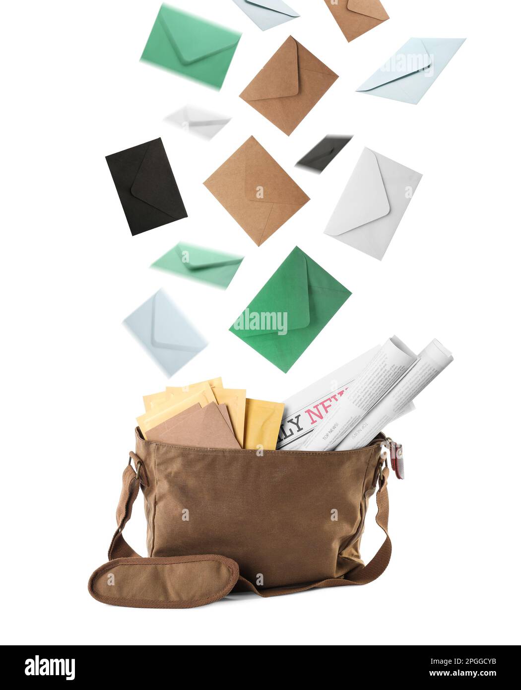 Many different envelopes falling into brown postman's bag on white ...