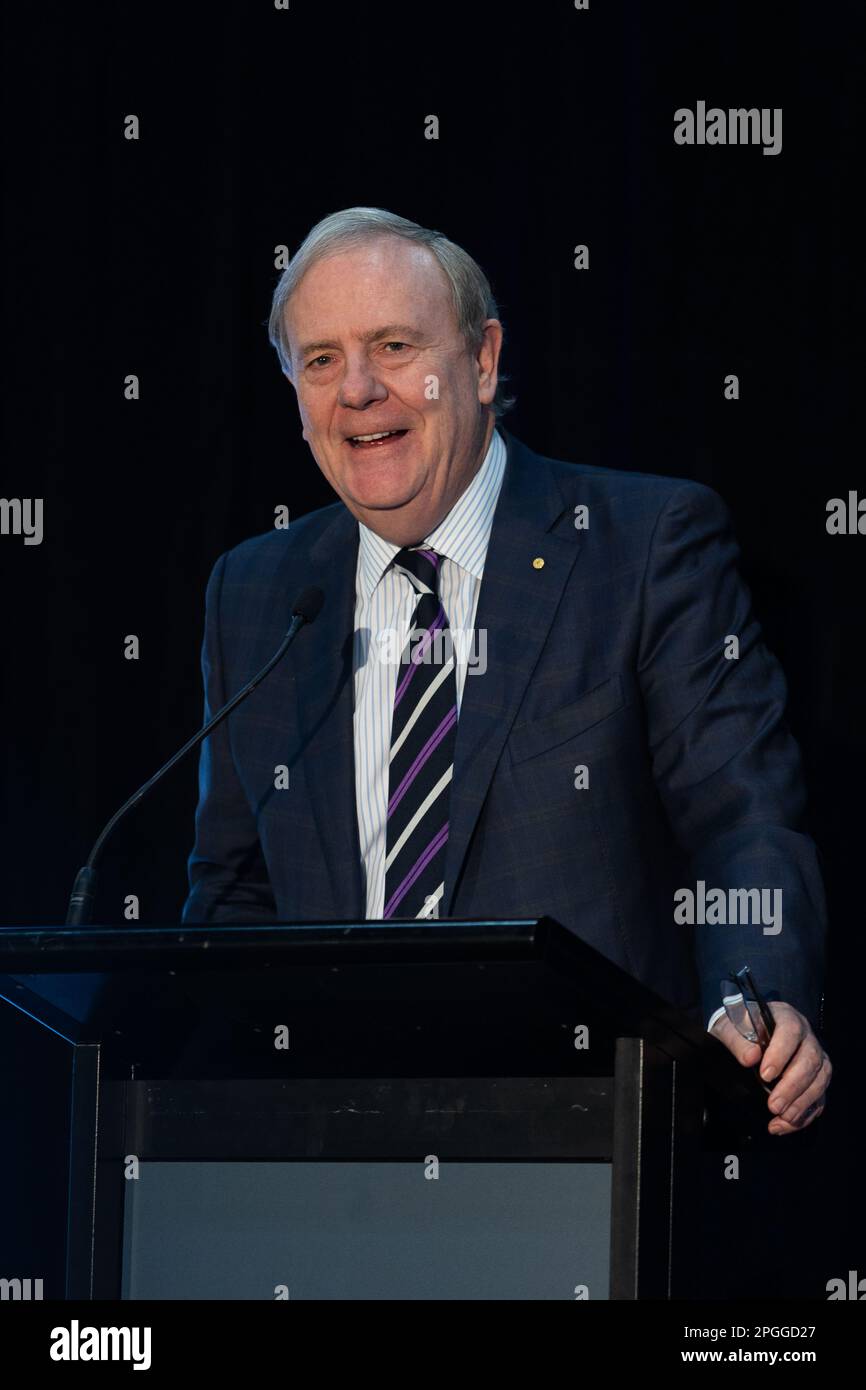 Peter Costello AC speaking at an event in Melbourne, March 2023 Stock ...