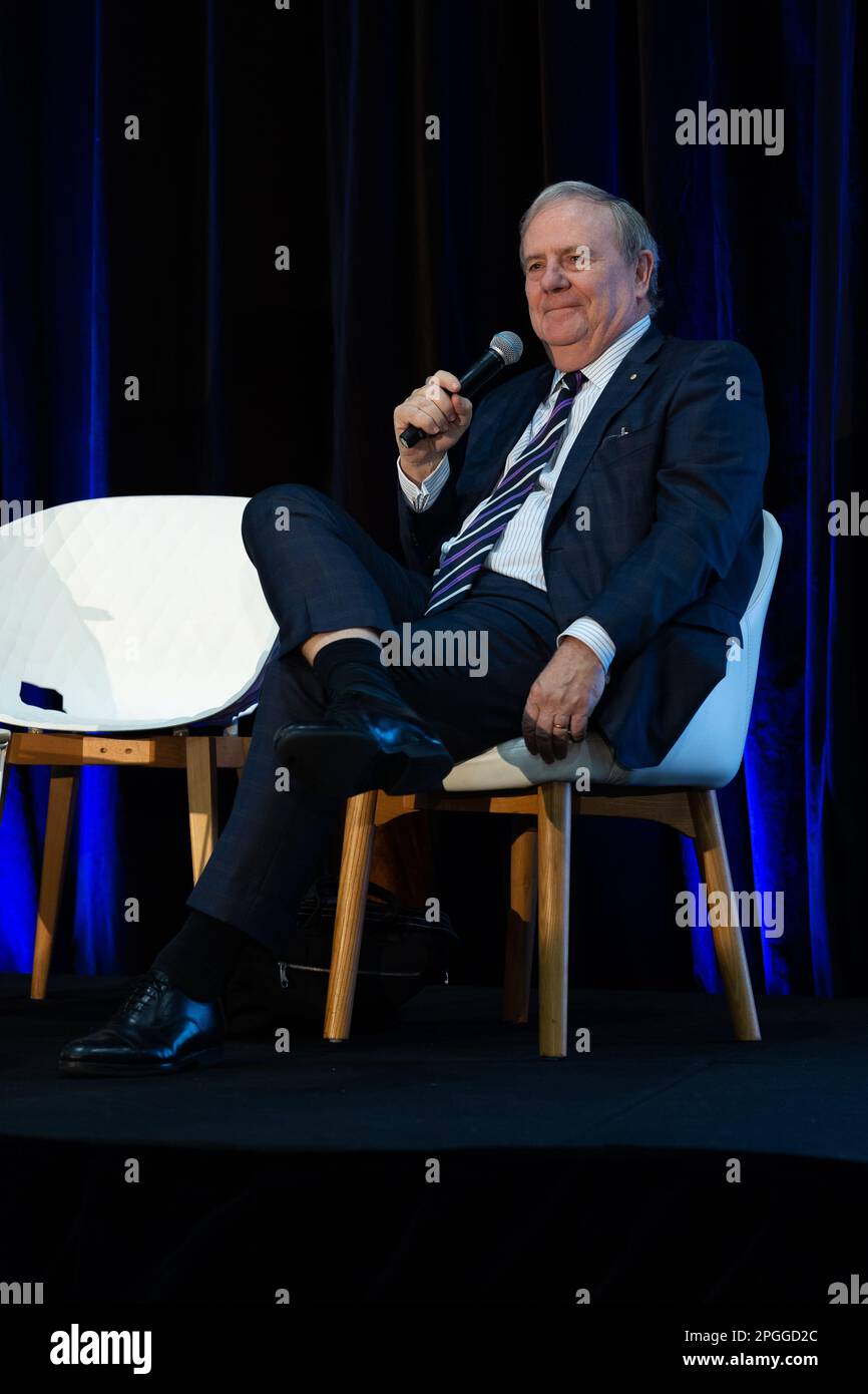 Peter Costello AC speaking at an event in Melbourne, March 2023 Stock ...