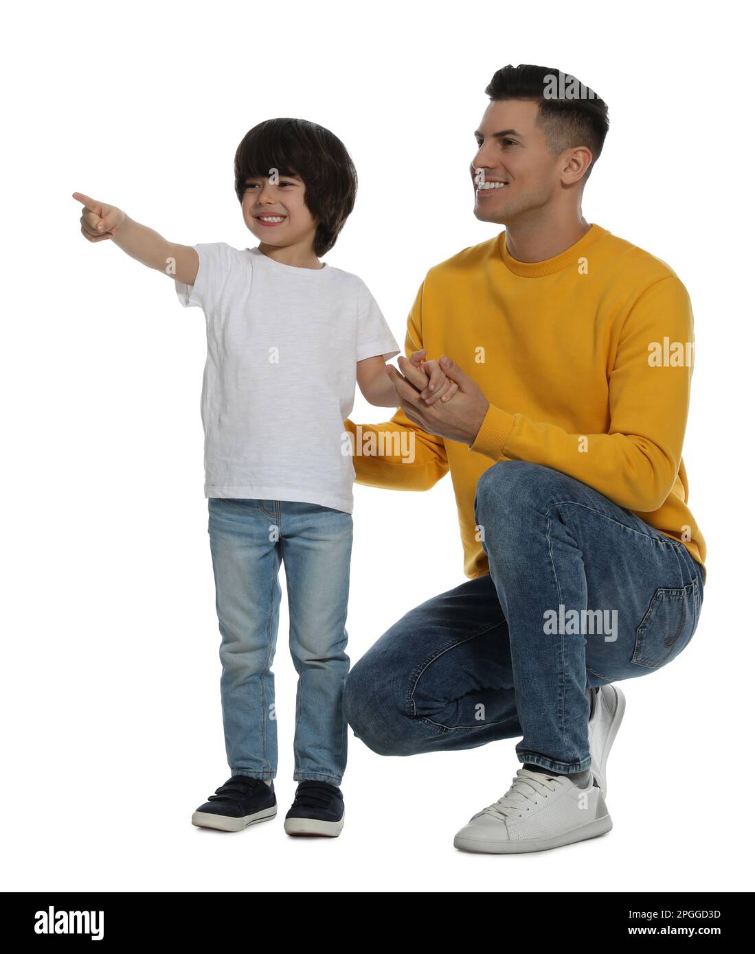 Little boy with his father on white background Stock Photo - Alamy