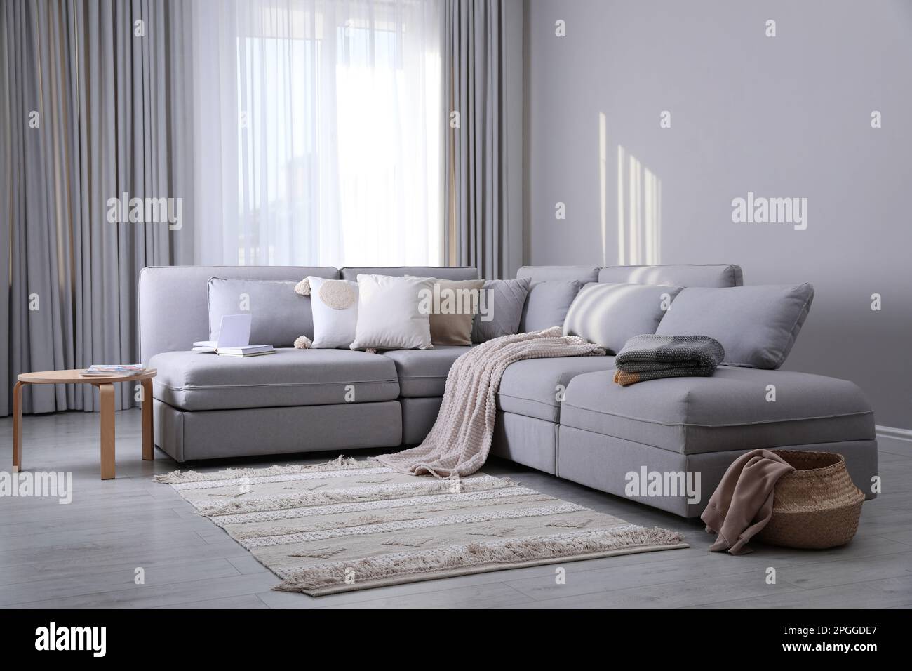Living room interior with large grey sofa Stock Photo - Alamy