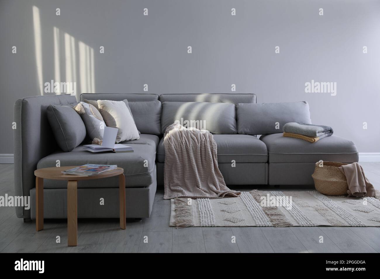 Living room interior with large grey sofa Stock Photo - Alamy