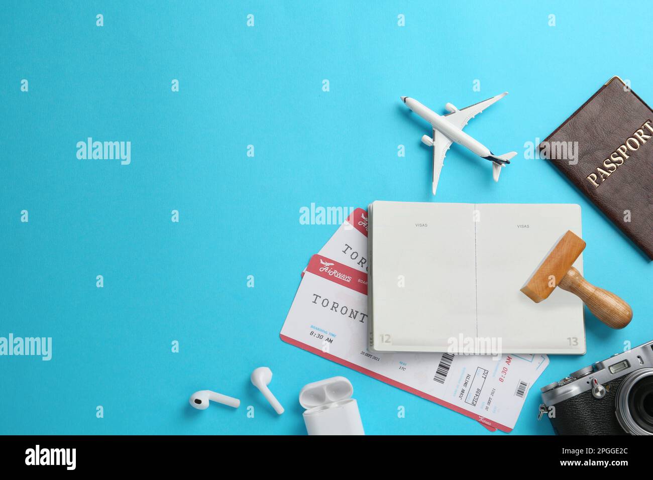 Flat lay composition with passports, stamp and flight tickets on light ...