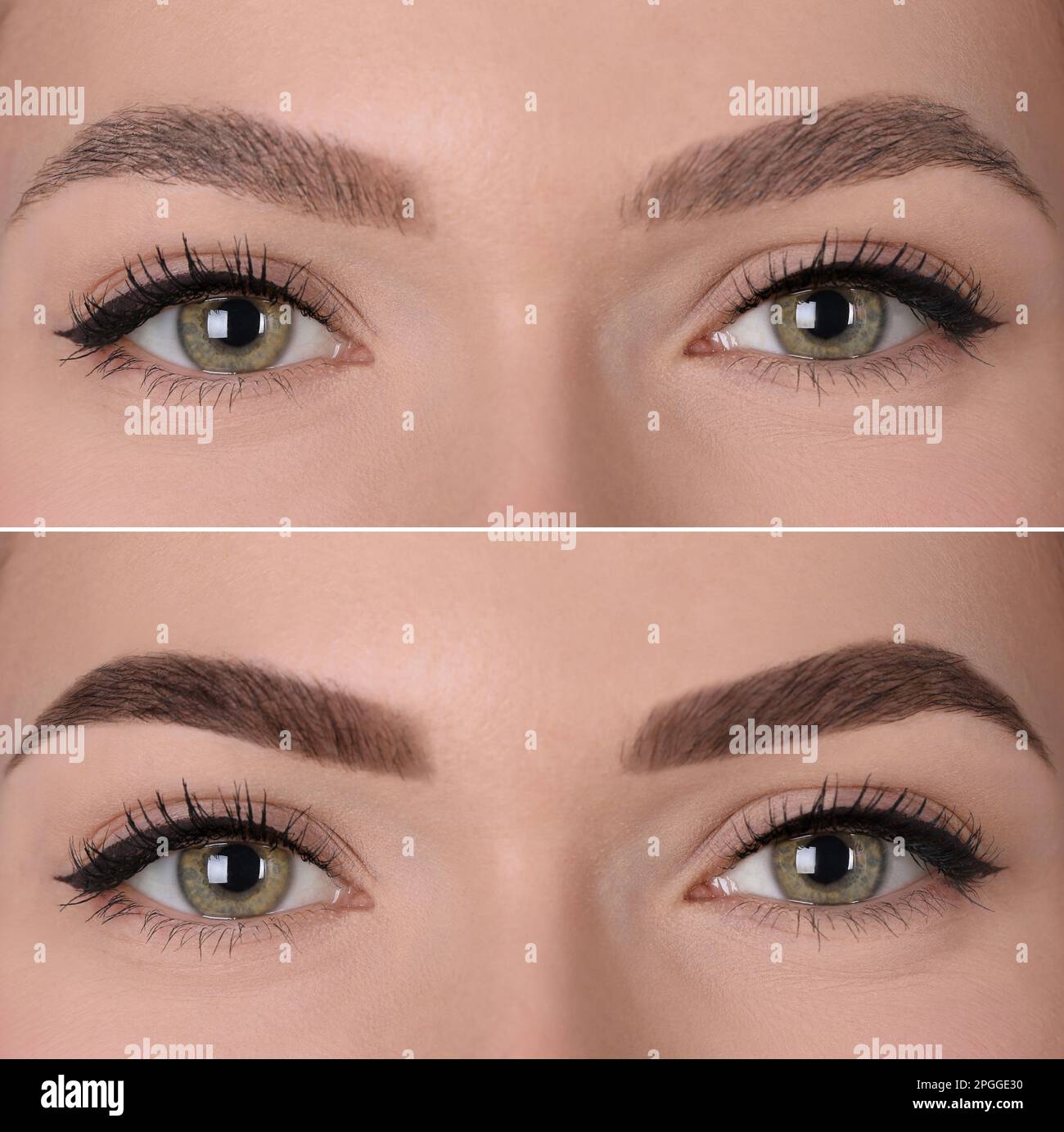 Collage with photos of young woman before and after permanent makeup ...