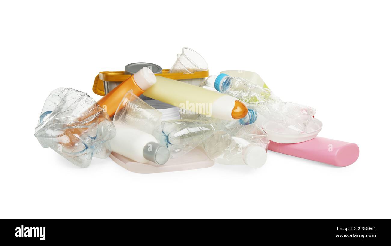 Pile of plastic garbage on white background Stock Photo - Alamy