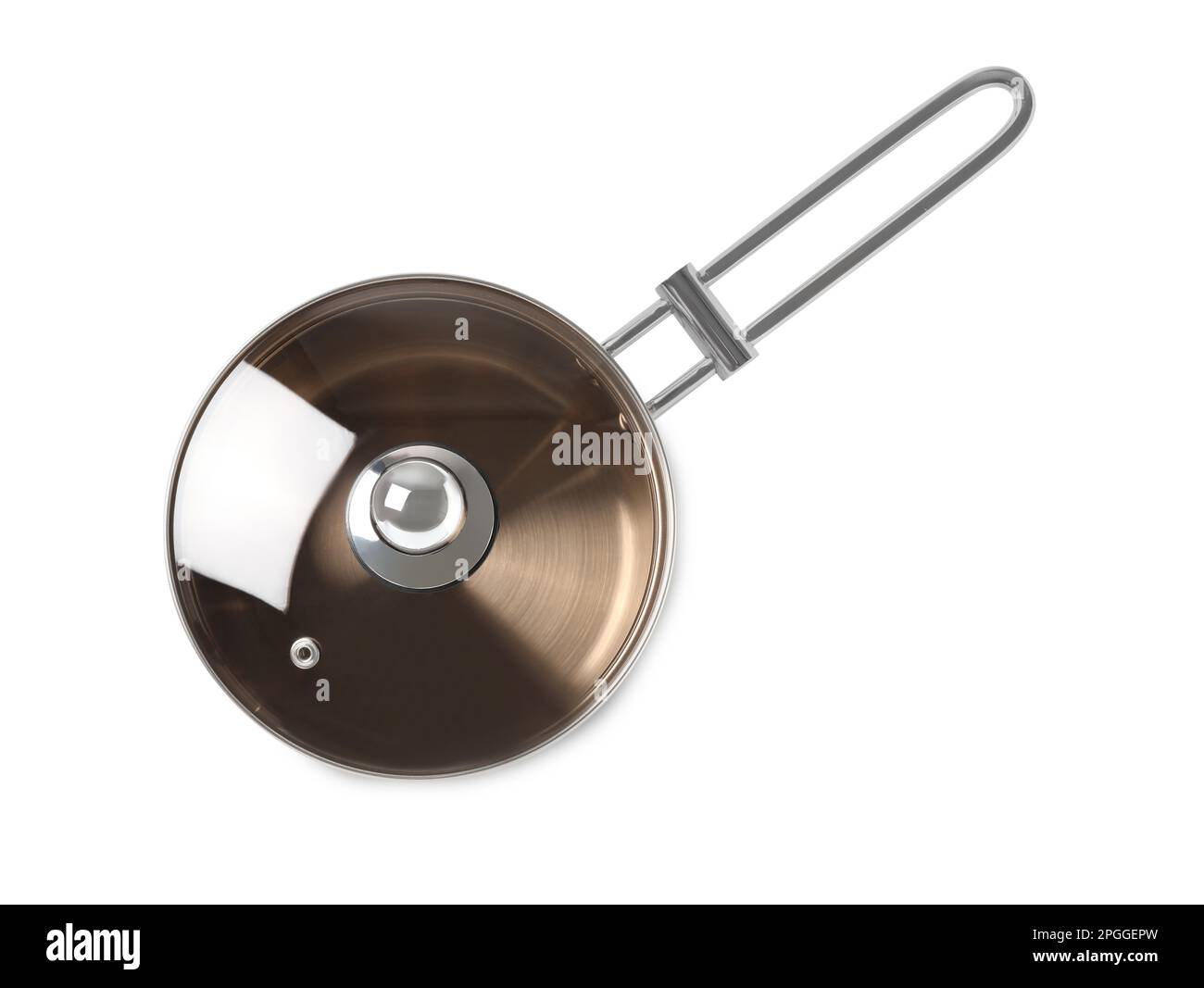 New shiny saucepan with glass lid isolated on white, top view Stock ...