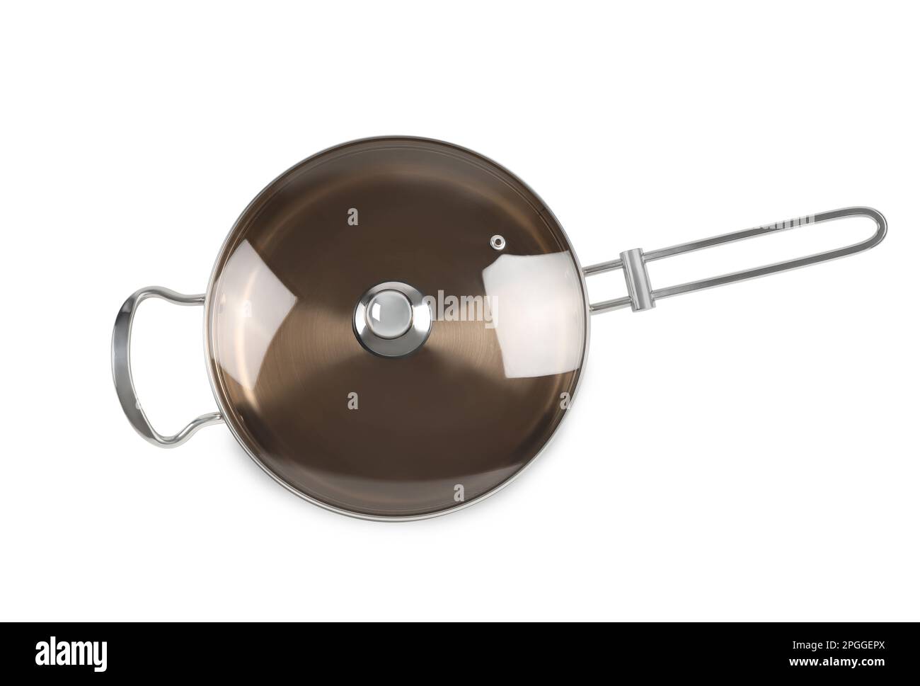 New shiny saucepan with glass lid isolated on white, top view Stock ...