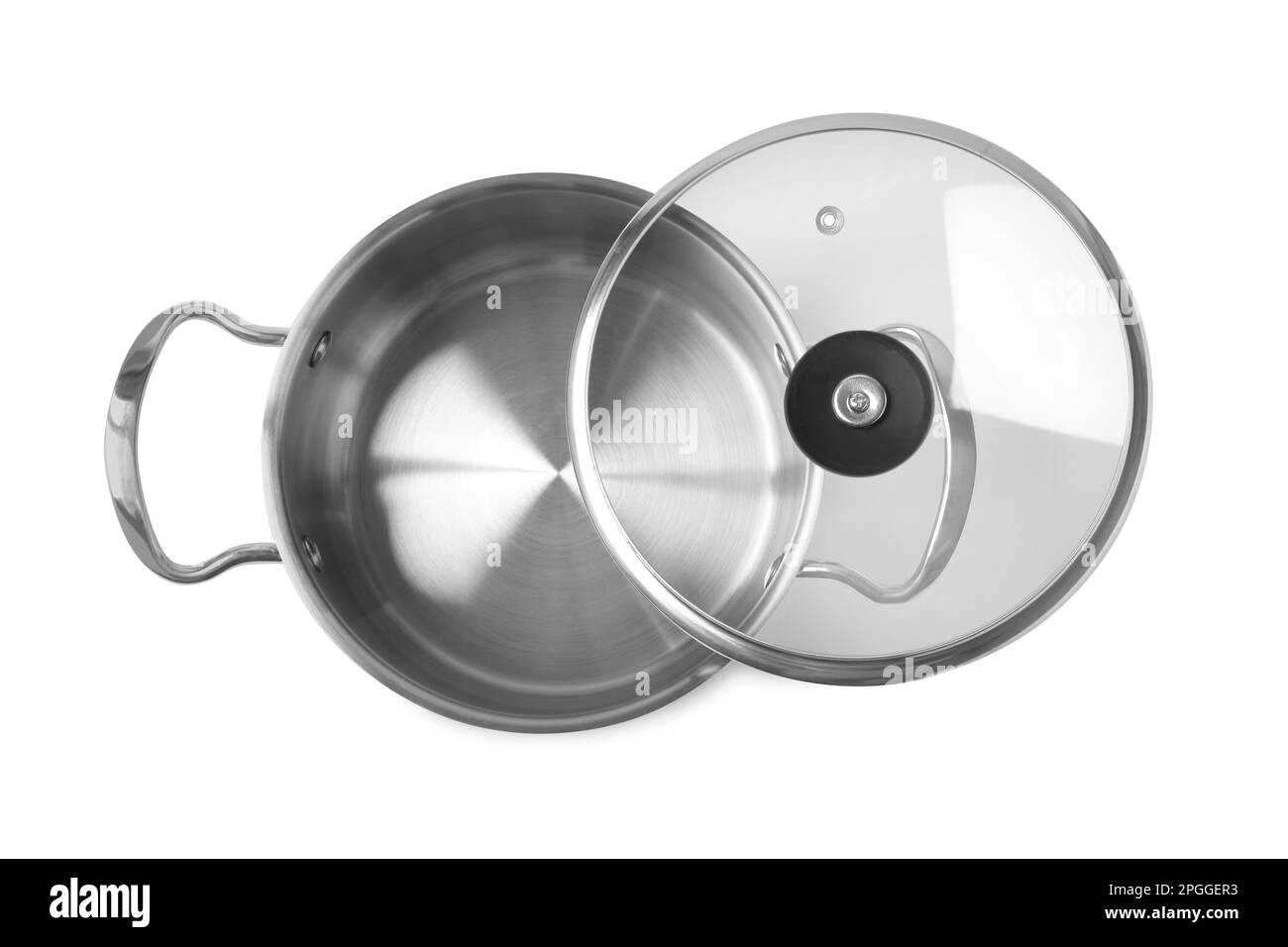 New shiny pot with glass lid isolated on white, top view Stock Photo ...