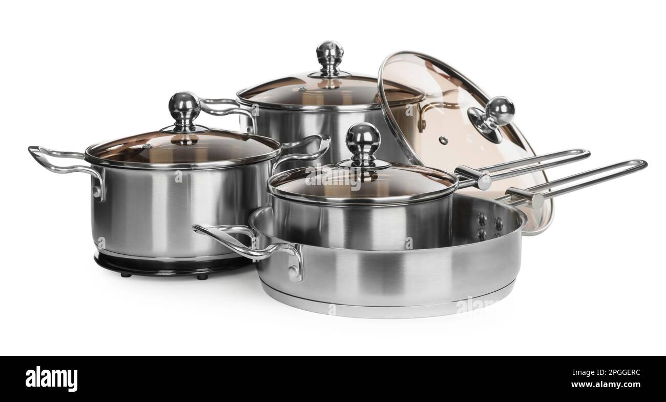 Set of stainless steel cookware on white background Stock Photo - Alamy