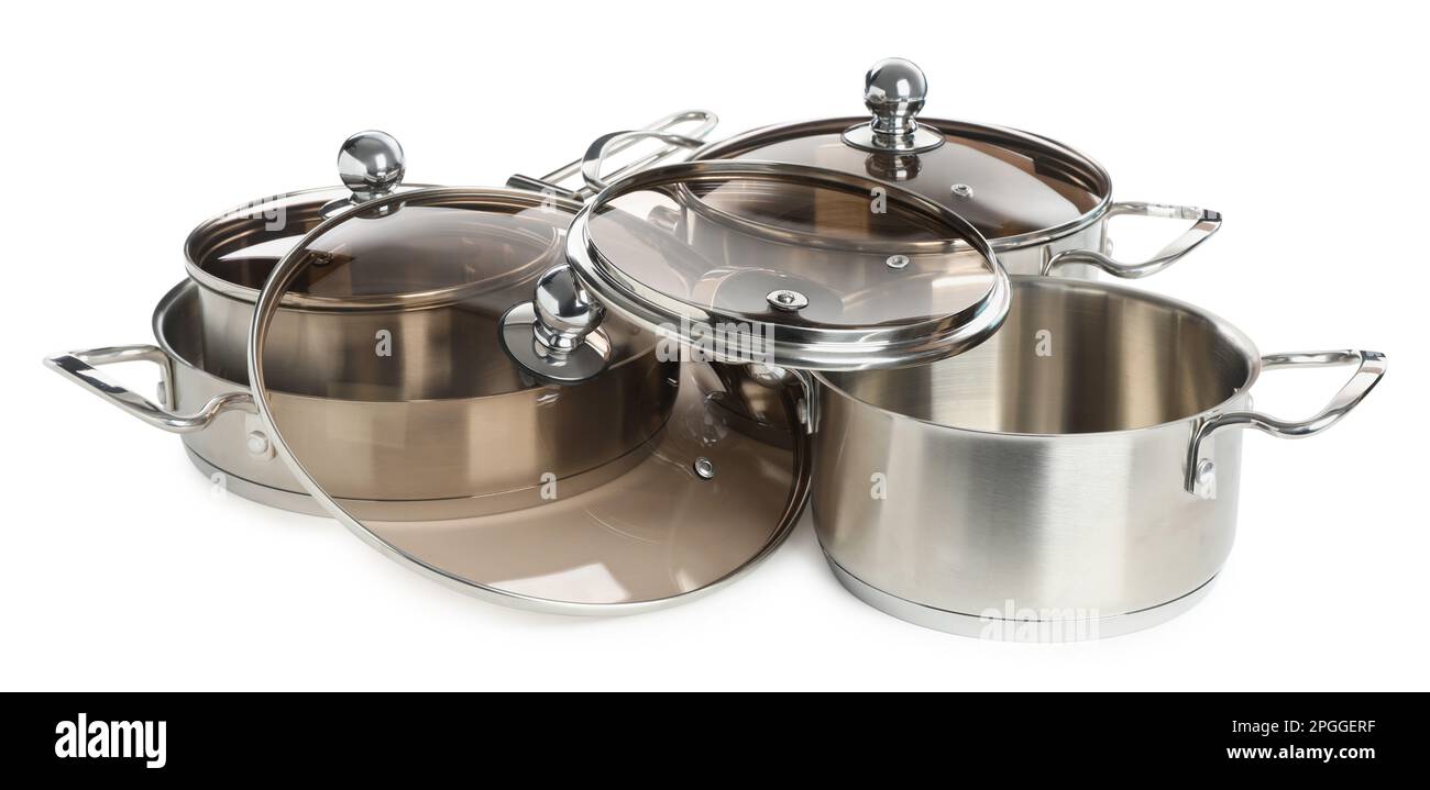 Set of stainless steel cookware on white background Stock Photo - Alamy