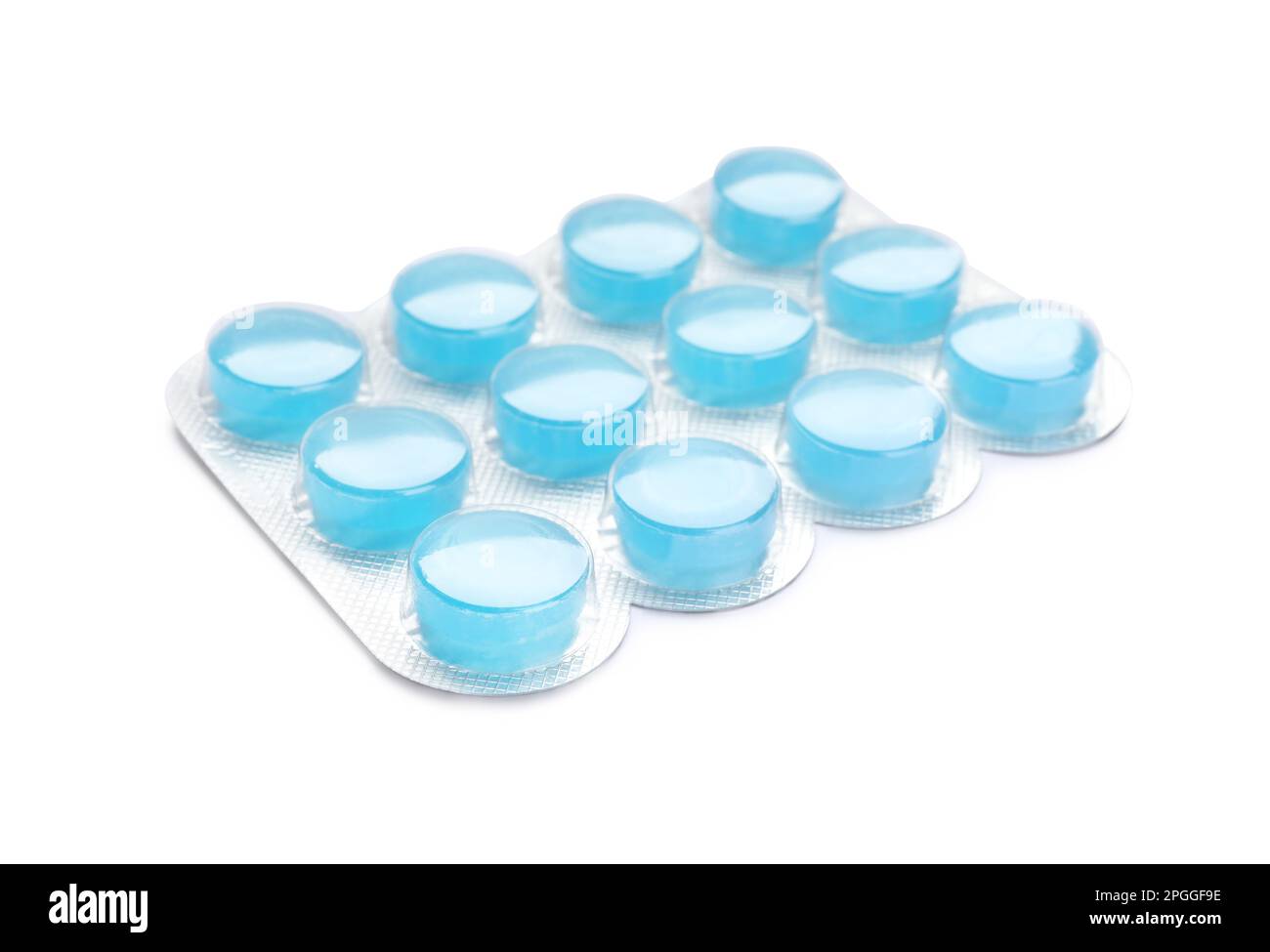 Blister with blue cough drops isolated on white Stock Photo - Alamy