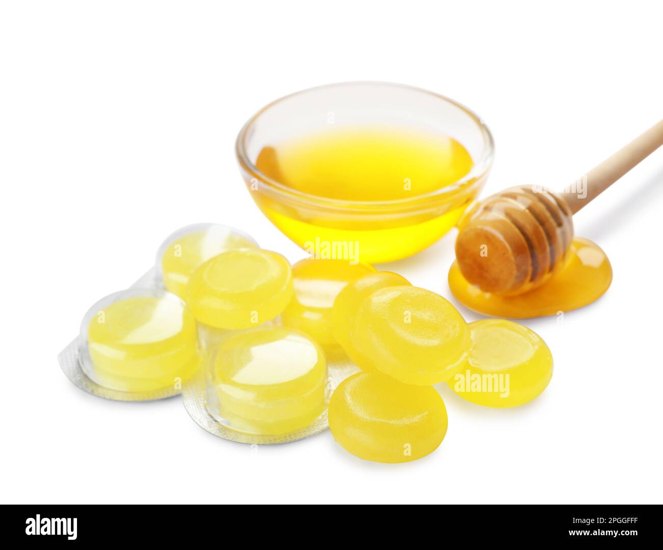 Many color cough drops and honey on white background Stock Photo - Alamy